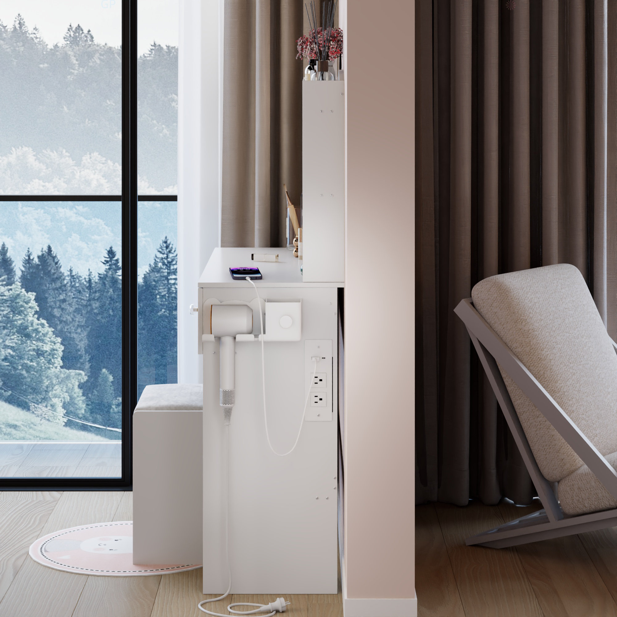 Ivy Bronx 17" Round LED Mirror Vanity Table+Cushioned Stool, Equipped With 2 AC+2 USB Power ...